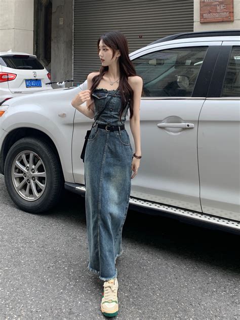 무아니 벨트set후기극찬 레트로 워싱 데님 튜브 탑 나시 롱 원피스 여행룩 촬영룩 여친룩 해변룩 해외여행룩