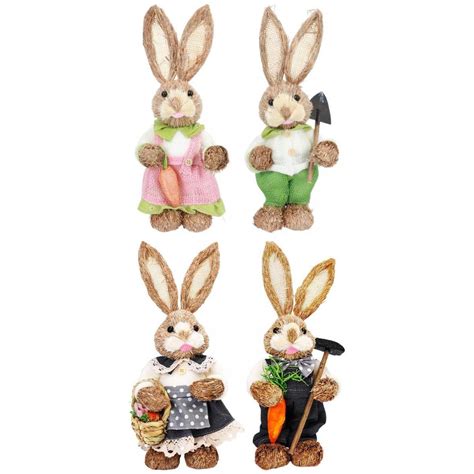 4x Straw Easter Rabbit Decor Bunny Sculptures Crafts Ornament Holiday Ts