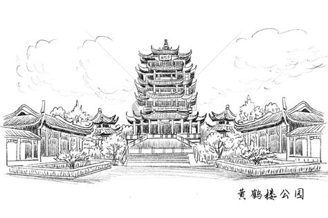 旅游景点速写湖北黄鹤楼插画图片下载 正版图片401946810 摄图网