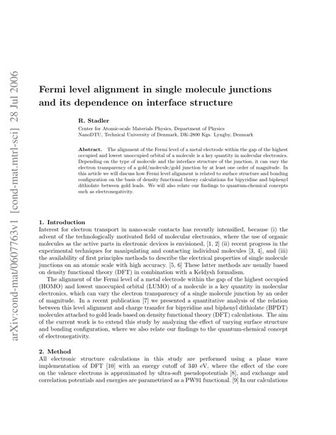 Pdf Fermi Level Alignment In Single Molecule Junctions And Its Dependence On Interface Structure