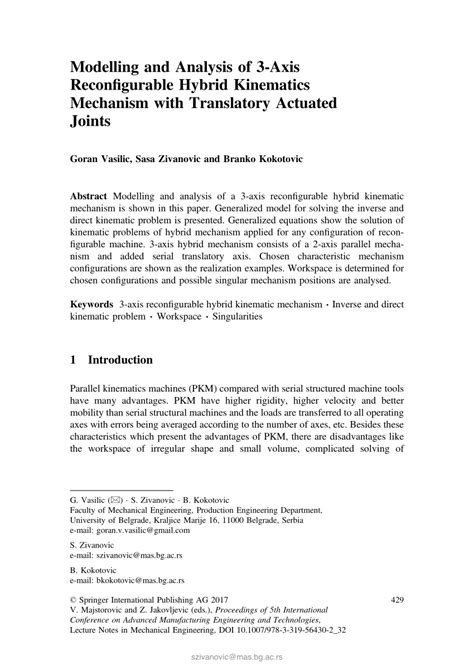 Pdf Modelling And Analysis Of 3 Axis Reconfigurable Hybrid Kinematics
