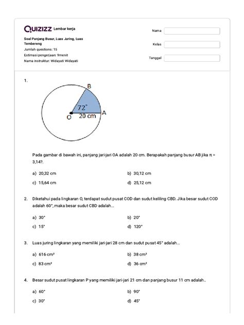 Soal Panjang Busur Luas Juring Luas Tembereng Quizizz Pdf