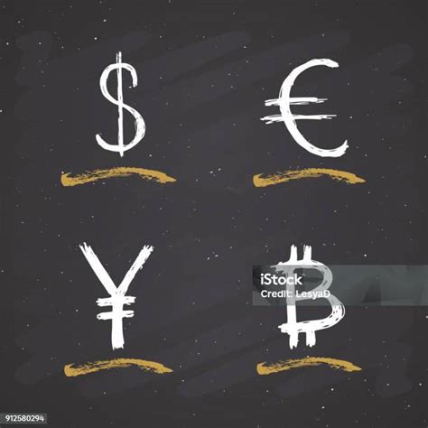 달러 유로 엔 Bitcoin 기호 아이콘 레터링 그런 지 붓글씨 기호 브러시 칠판 배경 그림을 벡터 미국 화폐 단위에 대한 스톡