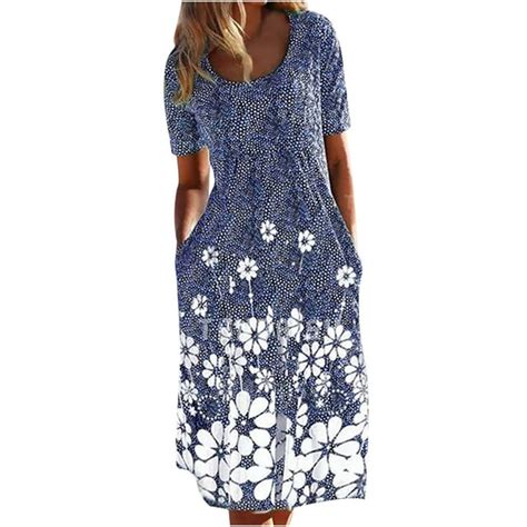 Dianli Womens Casual Short Sleeve Tunic Midi Sundress Daisy Print