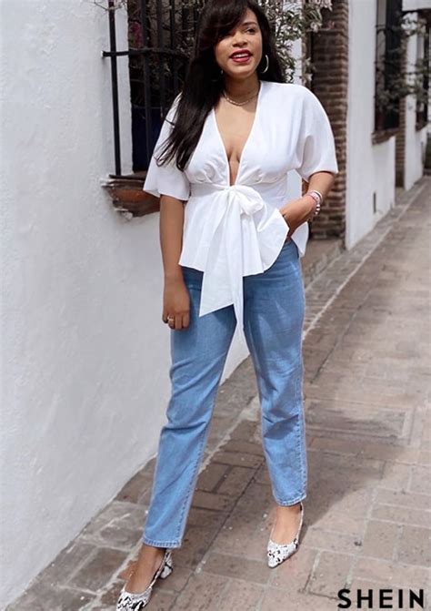 Shein Privé Plunge Neck Tie Waist Peplum Top Shein Usa