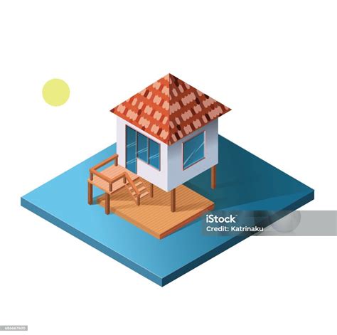 아이소메트릭 홀리데이 아파트 물에 방갈로 판매 부동산 건설 및 임대 개념 및 광고 판 포스터 벡터 일러스트 레이 션 3차원
