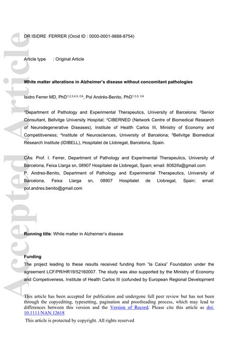 Pdf White Matter Alterations In Alzheimers Disease Without Concomitant Pathologies