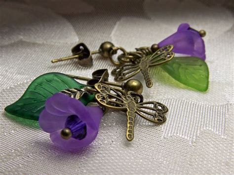 Purple And Green Crystal Frosted Lucite Flower Earrings Etsy Lucite