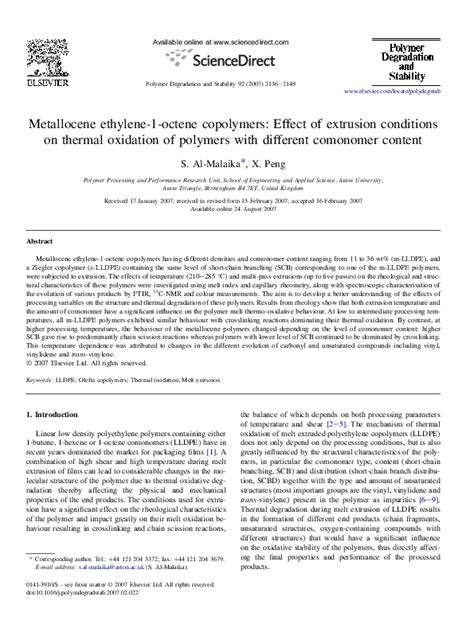 Pdf Metallocene Ethylene 1 Octene Copolymers Effect Of Extrusion Conditions On Thermal