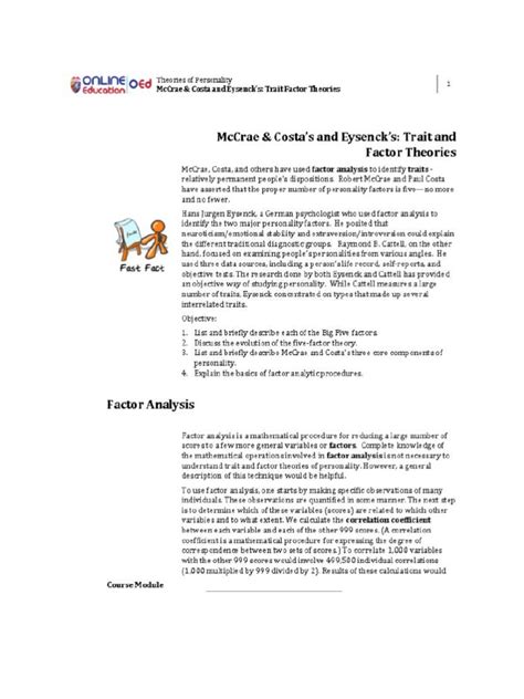 Mccrae And Costas And Eysencks Trait And Factor Theories Pdf