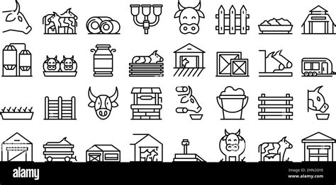 Breeding Cows Icons Set Outline Vector Dairy Milk Eat Farm Stock
