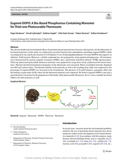 Eugenol Dopo A Bio Based Phosphorous Containing Monomer For Thiol Ene Photocurable Thermosets