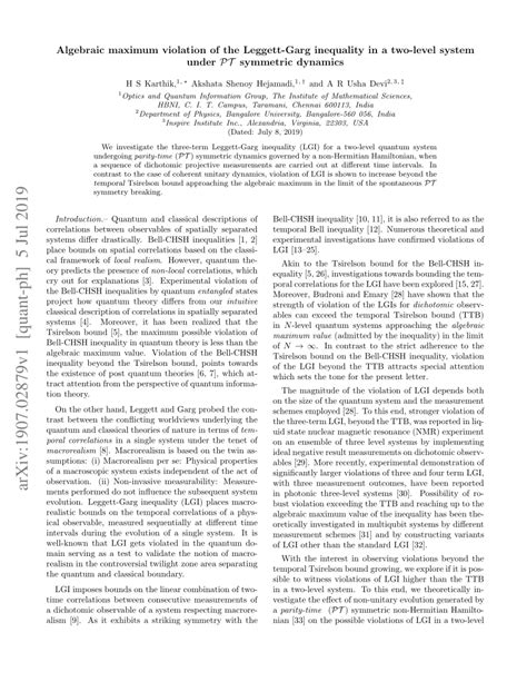 PDF Algebraic Maximum Violation Of The Leggett Garg Inequality In A