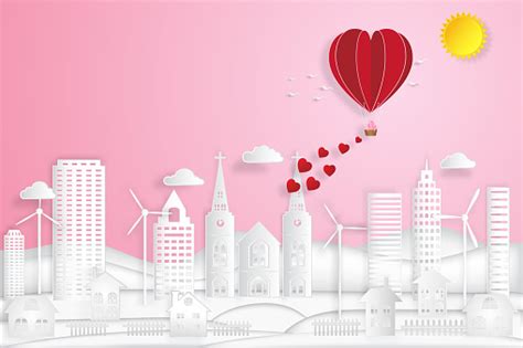 레드 핫에 어 심장 풍선 태양 및 백색 도시 사랑 해피 발렌타인의 날 결혼식과 종이 예술 개념으로 핑크 하늘에 벡터 일러스트 레이 션 개념에 대한 스톡 벡터 아트 및 기타