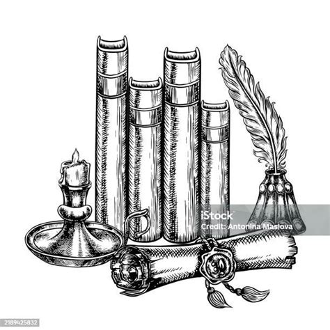 고대 사본 벡터 흑백 그래픽 와 이미지 와 책 두루마리 양초 그리고 펜으로 잉크 흰색 배경에 손으로 그린 그림입니다 엽서 전단지 포스터 현수막에 대해 0명에 대한 스톡 벡터