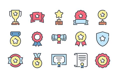 어워드 트로피 관련 컬러 라인 아이콘 세트 상품 컵과 보상 선형 아이콘 디플로마와 메달 다채로운 윤곽 벡터 기호 컬렉션 Championship에 대한 스톡 벡터 아트 및