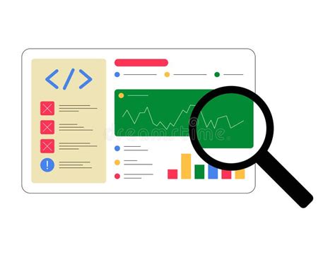Website Analytics Dashboard With Magnifying Glass In Flat Vector Illustration Symbolizing Seo