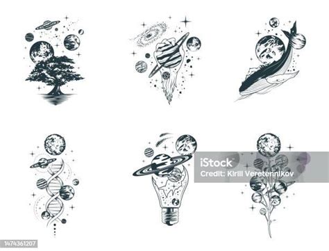 천체 공간 구성 격리 세트 신비로운 행성 은하 별 고래 및 나무의 6 손으로 그린 벡터 삽화는 포스터 문신 및 녹화 카드입니다 우주에 대한 스톡 벡터 아트 및 기타 이미지