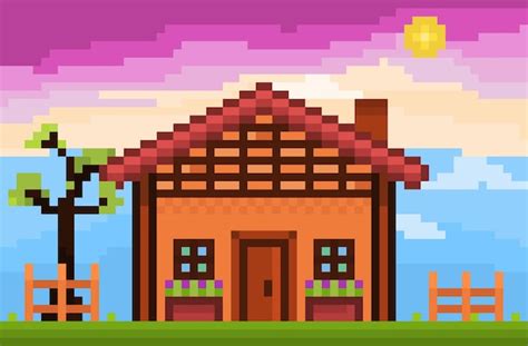 Une Maison Pixel Avec Un Toit Rouge Et Un Fond De Ciel Vecteur Premium
