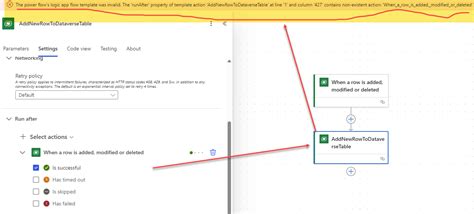 the power flow s logic app flow template was invalid the runafter