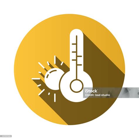 일기 예보 노란색 평면 디자인 긴 그림자 문표 아이콘입니다 안티 사이클론 가뭄 태양 과 온도계 기상 관측 온난화 벡터 실루엣