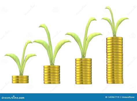 Increasing Money Gold Coins Stacked Up With Plants Growing On Top Of