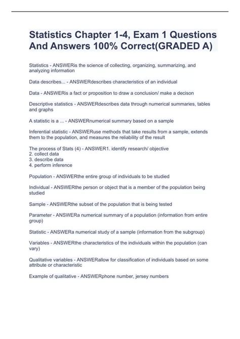 Statistics Chapter 1 4 Exam 1 Questions And Answers 100 Correct Graded A Statistics Stuvia Us