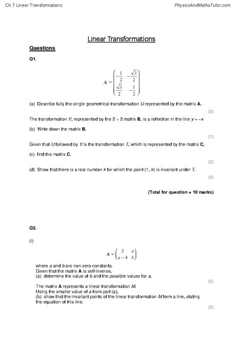 Linear Transformations Linear Transformations Questions Q1 A Describe Fully The Single