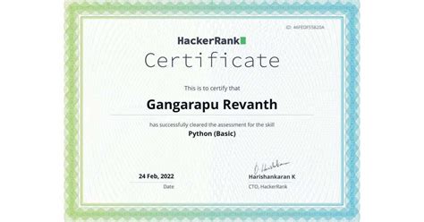 Revanth Gangarapu On Linkedin I Got Certification In Python For Skill Assesment By Hackerrank