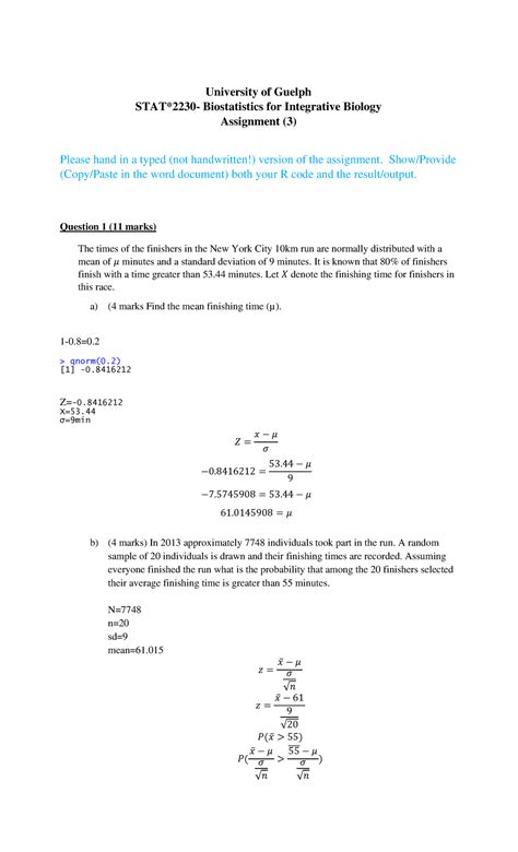 Assignment 3 Biostat University Of Guelph Stat2230 Biostatistics For Integrative Biology