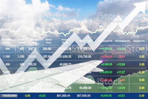 항공 운송 및 여행 보험 사업과 항공 관광 산업의 주식 지수 금융 이미지는 보고서 및 프리젠 테이션 배경에 대한 성공적인 투자 성장 보험에 대한 스톡 사진 및 기타 이미지