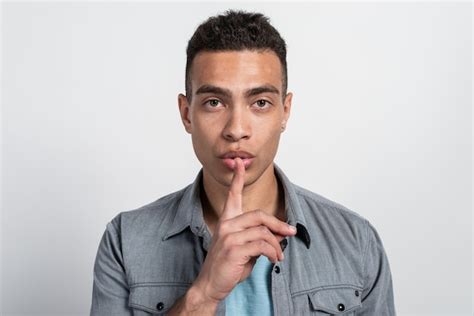 Premium Photo Man Saying Hush Be Quiet With Finger On Lips Gesture