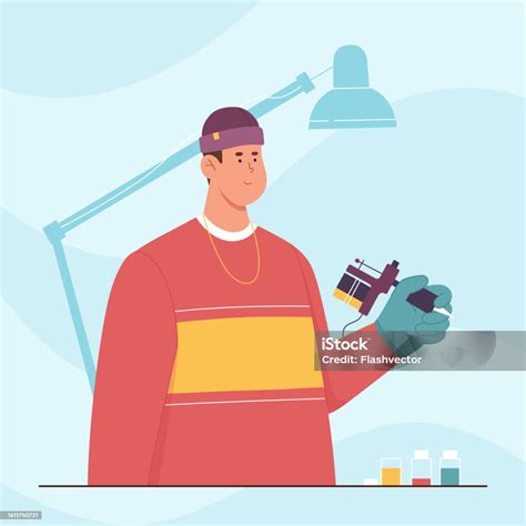 손에 기계를 들고 있는 문신 마스터 피부에 그림을 그리기 위해 잉크 총을 들고 있는 남자 일러스트레이션에 대한 스톡 벡터 아트