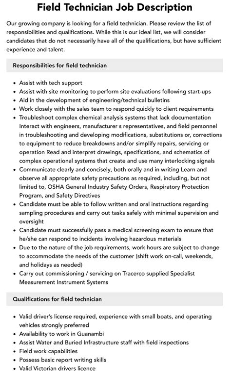 Field Technician Job Description Velvet Jobs