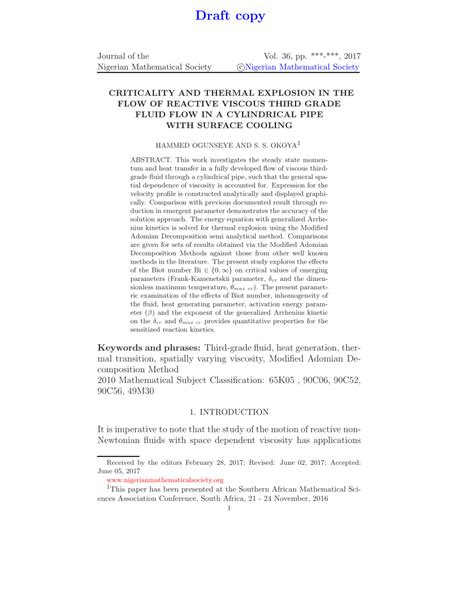 Pdf Criticality And Thermal Explosion In The Flow Of Reactive Viscous Third Grade Fluid Flow