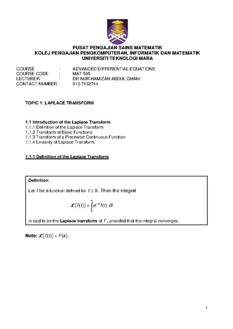 MAT W C Introduction Of The Laplace Transform PUSAT PENGAJIAN SAINS MATEMATIK