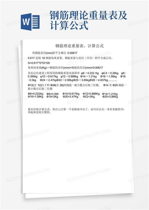 钢筋理论重量表及计算公式word模板下载编号qvmryejv熊猫办公