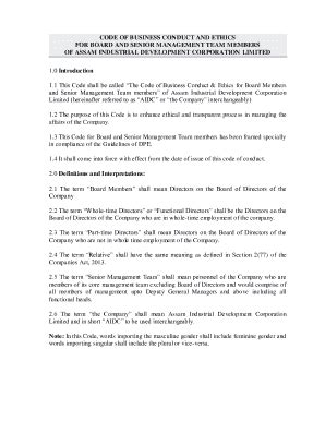 Fillable Online CODE OF BUSINESS CONDUCT AND ETHICS FOR BOARD AND
