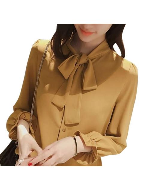Women Solid Bow Tie Neck Ruffles Long Sleeve Casual Chiffon Shirts
