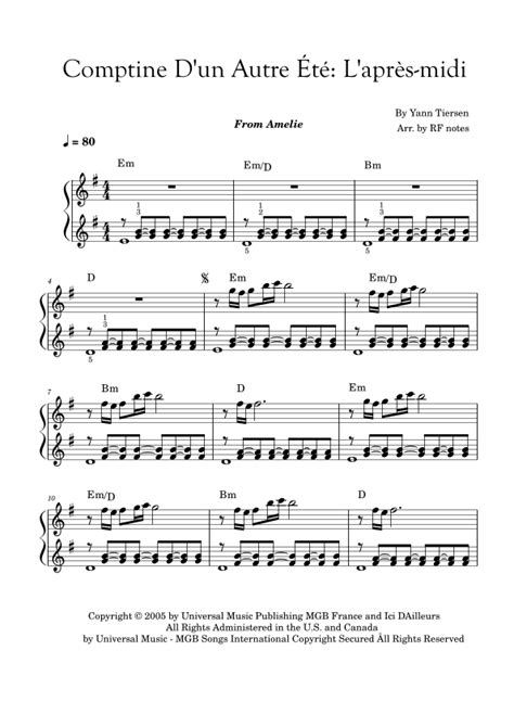 Comptine D un Autre Été L après midi arr RF notes Sheet Music