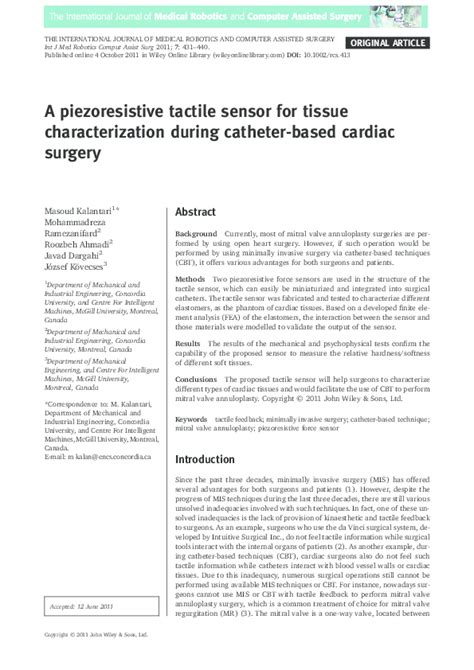 Pdf A Piezoresistive Tactile Sensor For Tissue Characterization During Catheter Based Cardiac