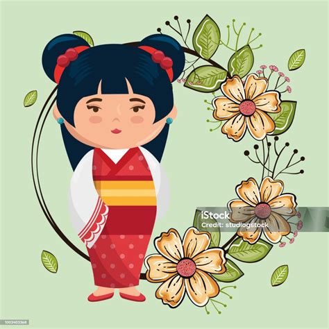 작은 일본 여자 귀여운 꽃 캐릭터 게이샤에 대한 스톡 벡터 아트 및 기타 이미지 게이샤 귀여운 기모노 Istock