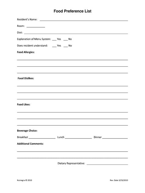 Fillable Online Food Preference List Therapy Chrisanna G Harrington