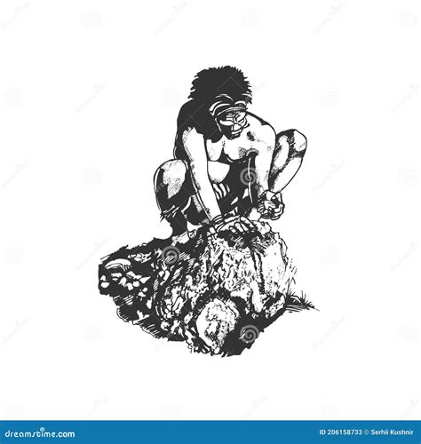 A Cro Magnon Man Makes Fire Primitive Man Neanderthal Graphic Sketch