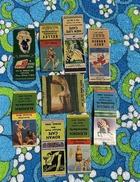 Lot Of 9 Vintage Pinup Girl Matchbook Covers Illinois Iowa Risqué