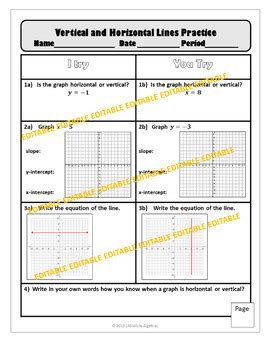 Algebra I Vertical And Horizontal Lines Notes Practice Homework Editable U