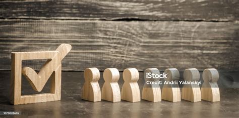 나무 인간의 숫자 상자에서 눈금 옆에 함께 서 선거와 사회 기술 개념입니다 자원 봉사자 정당 후보자 지역구 유권자입니다 인간의