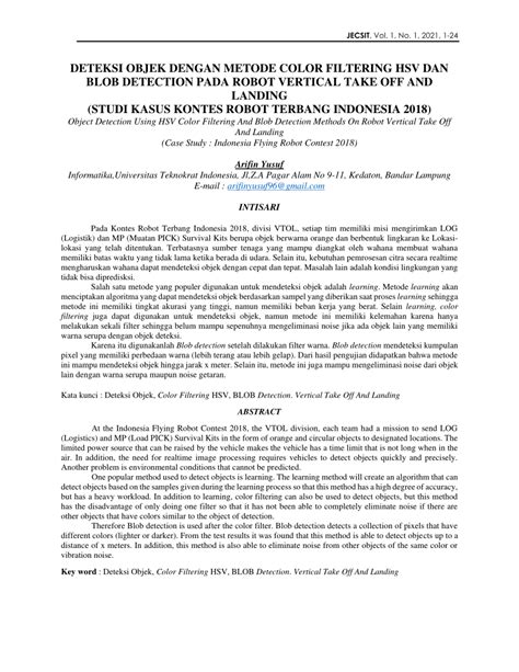 PDF DETEKSI OBJEK DENGAN METODE COLOR FILTERING HSV DAN BLOB DETECTION PADA ROBOT VERTICAL
