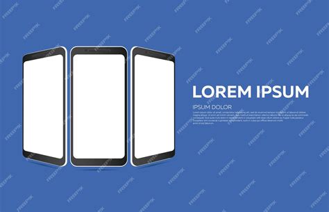파란색 배경 3d 원근감 사진 스크린샷 또는 로고를 넣는 쉬운 방법에 빈 화면이 있는 검정색의 현실적인 스마트폰 배너 포스터 벡터 일러스트 레이 션 프리미엄 벡터