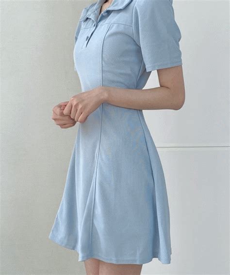 허리잘록 카라 단추 허리끈 리본 절개 라인 여리여리 슬림핏 플레어 A라인 퍼프 데일리 꾸안꾸 여름 반팔 Pk 미니 원피스